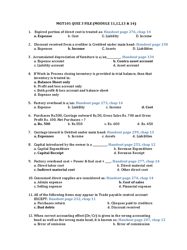 Multiple Choice Questions from Modules 11-14 of Management Accounting ...