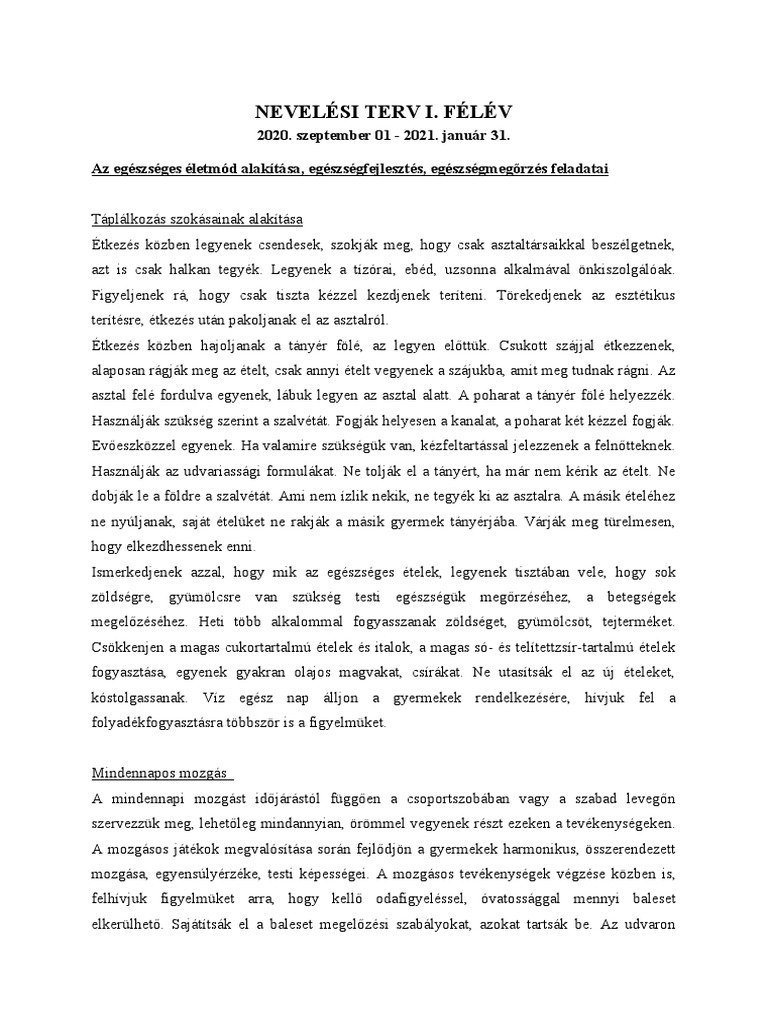 NEVELÉSI TERV I. Félév Csibe Csoport 2020-2021 | PDF