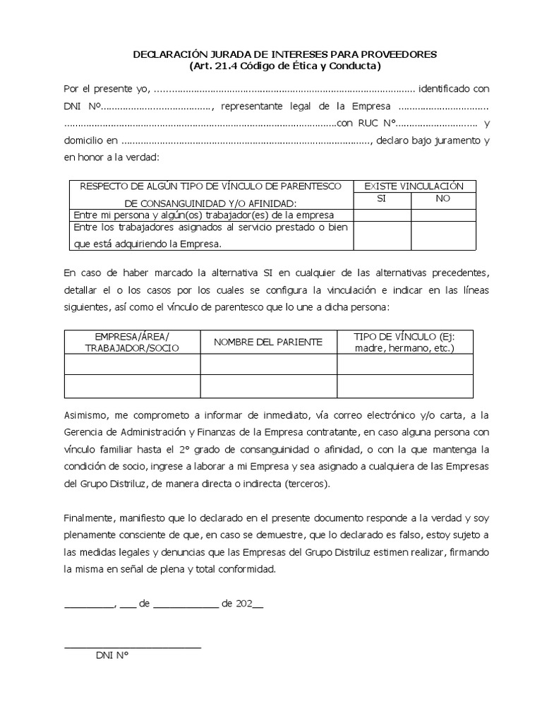 Declaración Jurada Vínculo Por Consanguinidad o Afinidad, para Proveedores | PDF
