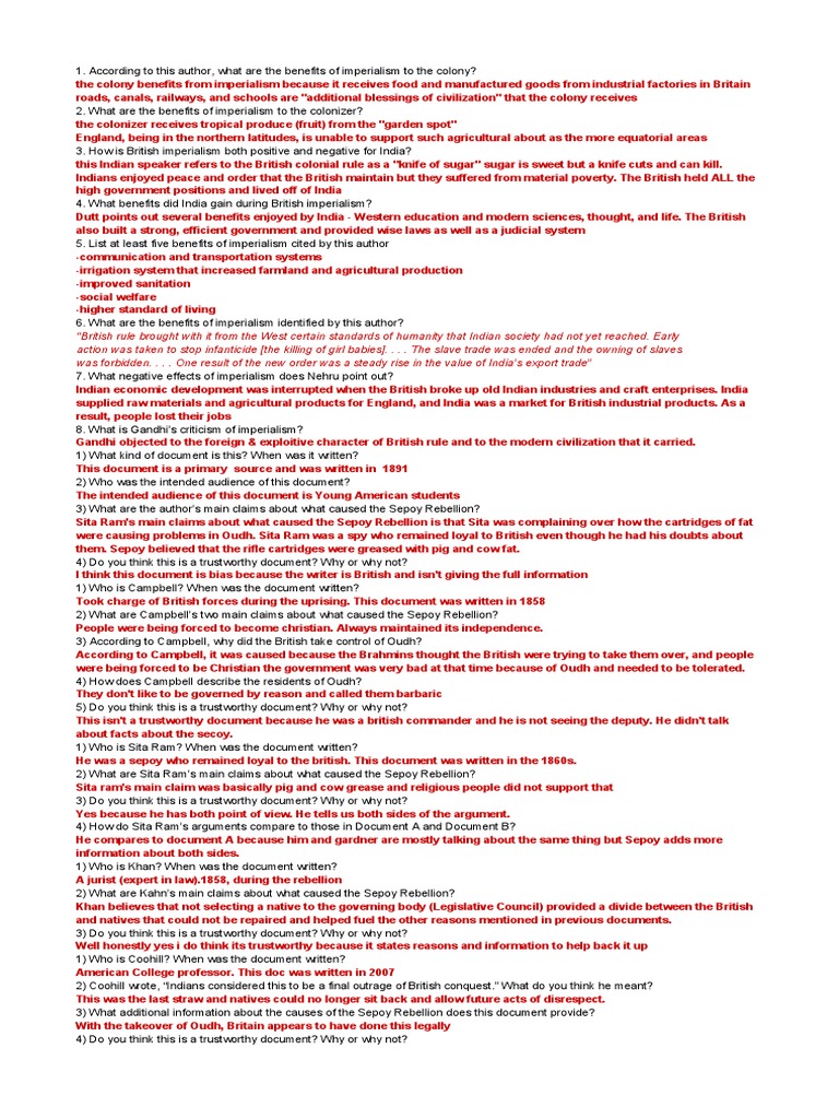 Imperialism in India and Sepoy Rebellion DBQ | PDF | Business