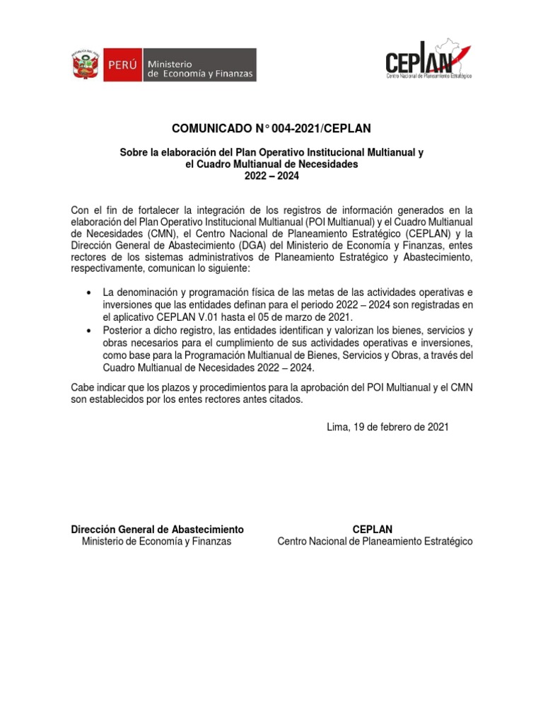 Comunicado 004 2021 CEPLAN MEF | PDF