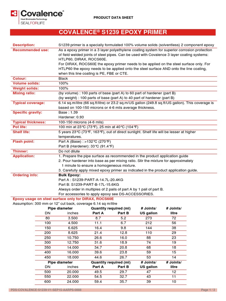 Covalence S1239 Epoxy Primer: Product Data Sheet | PDF | Epoxy | Pipe ...