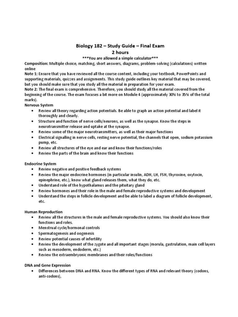 Biology 182 Final Exam Guide | PDF | Meiosis | Dominance (Genetics)