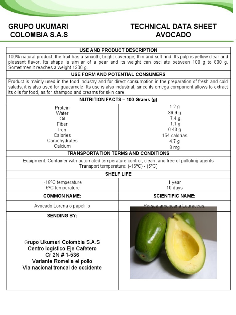 Grupo Ukumari Technical Data Sheet Colombia S.A.S Avocado: Use and ...