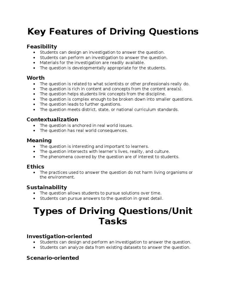 Key Features of Driving Questions | PDF | Question | Understanding