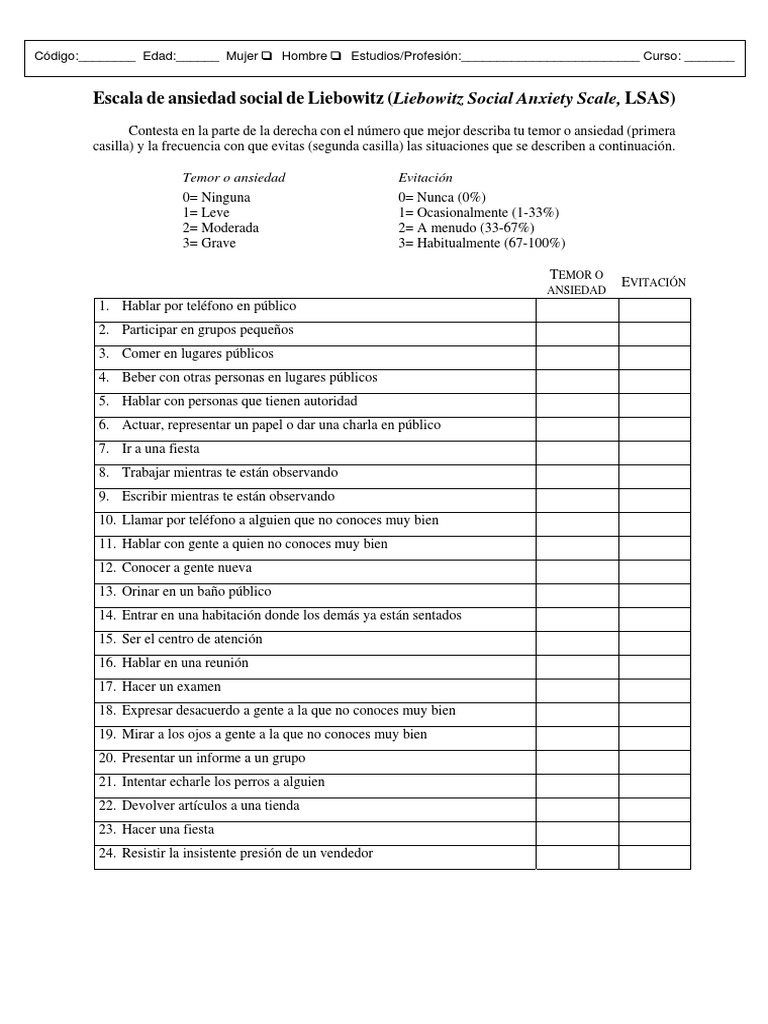 Escala de Ansiedad Social de Liebowitz | PDF