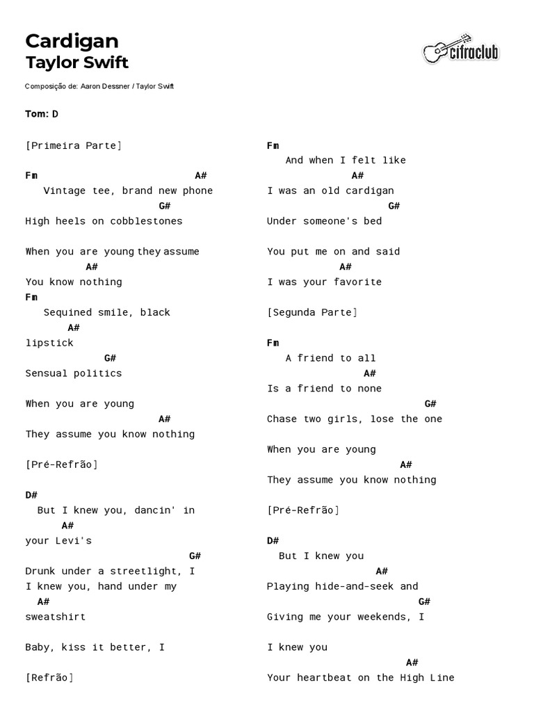Taylor Swift's "Cardigan" Chords and Lyrics | PDF