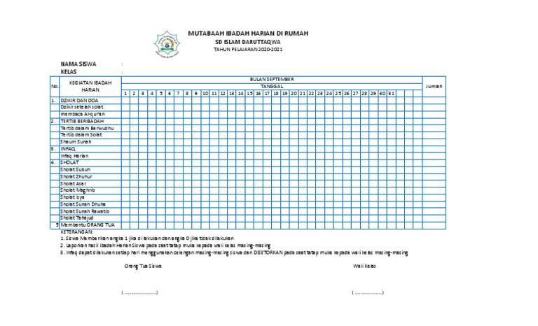 Mutabaah Ibadah Harian Siswa | PDF