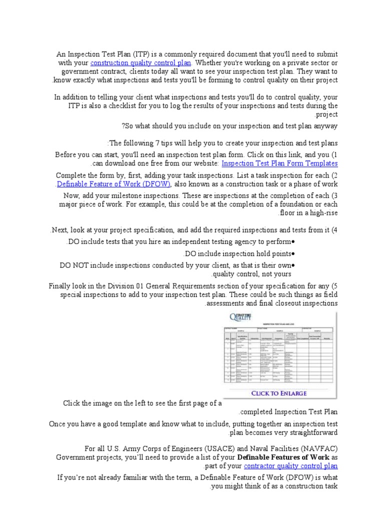 An Inspection Test Plan | PDF | Quality Assurance | Specification ...