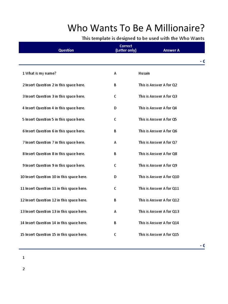 Editable Millionaire Question Template | PDF | Teaching Methods & Materials