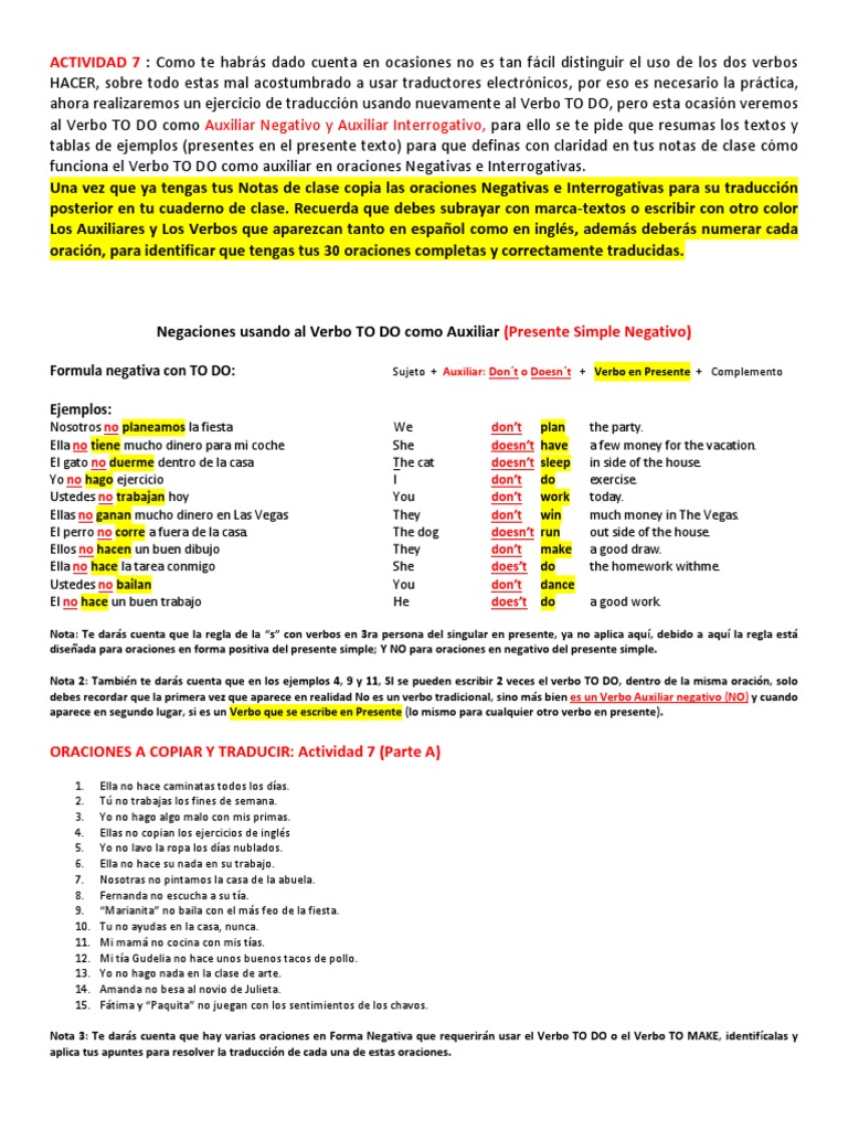 Presente Simple Con Los Auxiliares Do Does Dont Doesnt 2020-2021 | PDF | Verbo | Traducciones