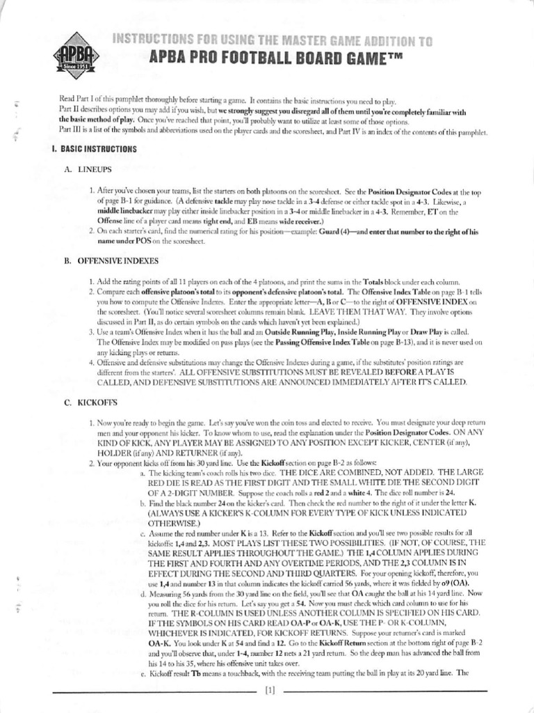 Apba Pro Football Board Game™: Instructertns TNF .'Ippftson To | PDF ...