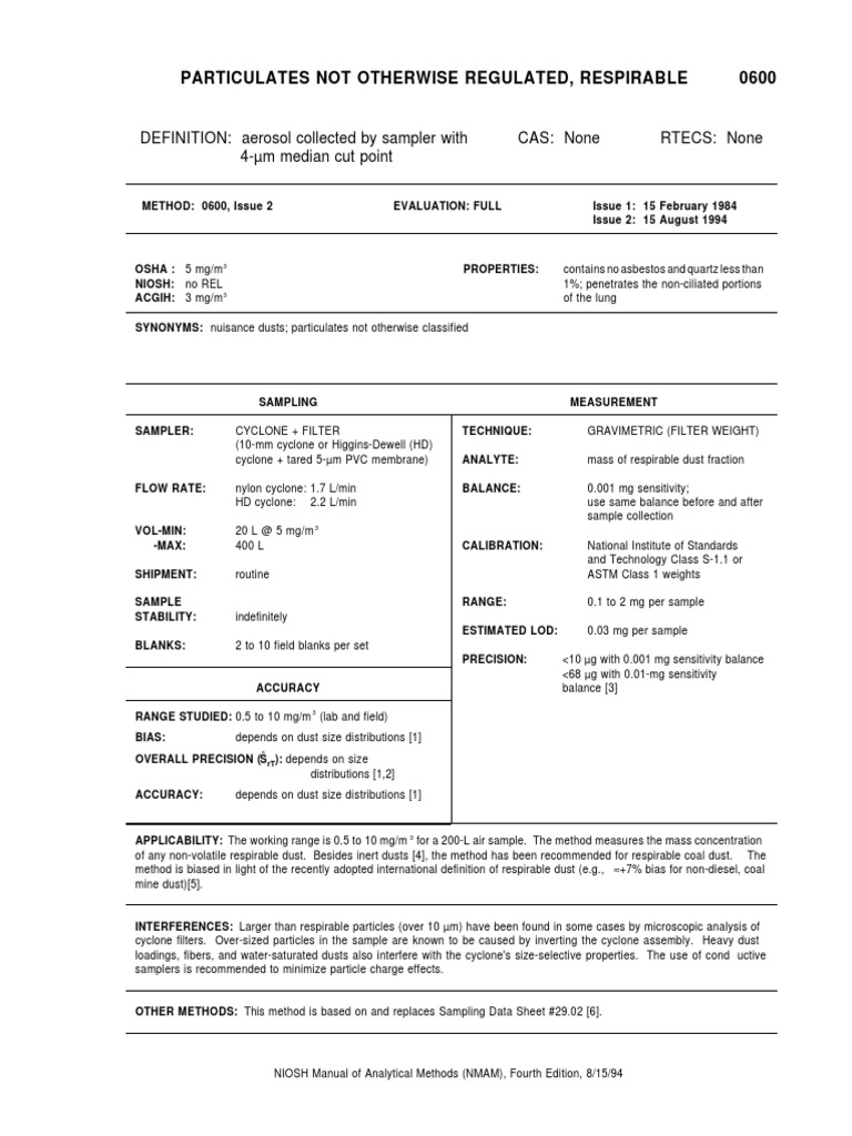 NIOSH 0600 - Dust Respirable | PDF | Particulates | Dust