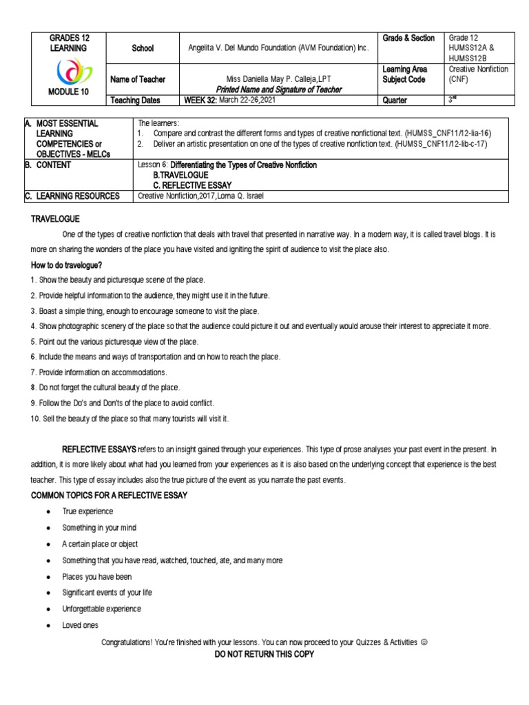 Lesson 10 Module | PDF | Travel Literature | Learning