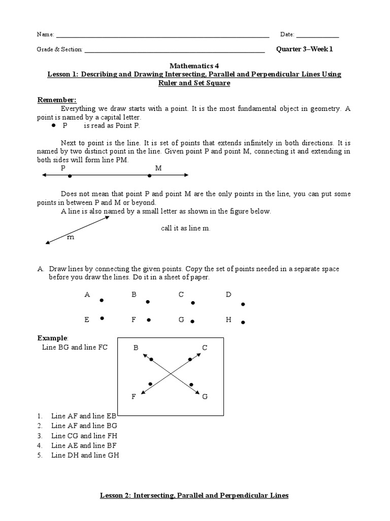 Mathematics 4 Lesson 1: Describing and Drawing Intersecting, Parallel and Perpendicular Lines ...