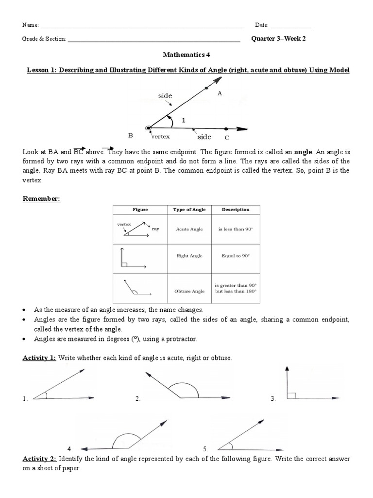 Name: - Date: - Grade & Section | PDF | Angle | Vertex (Geometry)