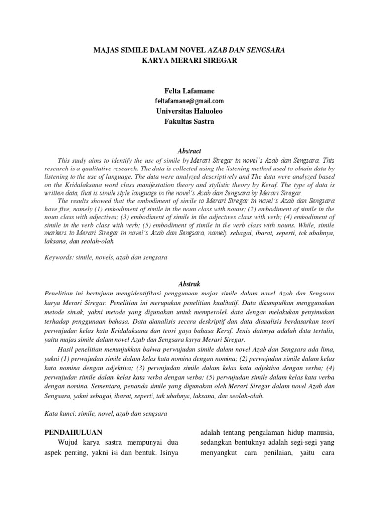 Perwujudan Simile Merari Siregar Dalam Novel Azab Dan Sengsara | PDF