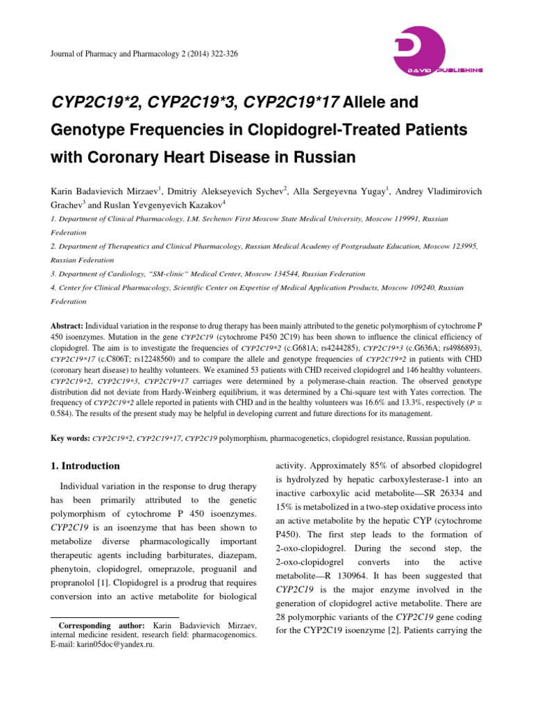 CYP2C19 2, CYP2C19 3, CYP2C19 17 Allele and Genotype Frequencies in ...