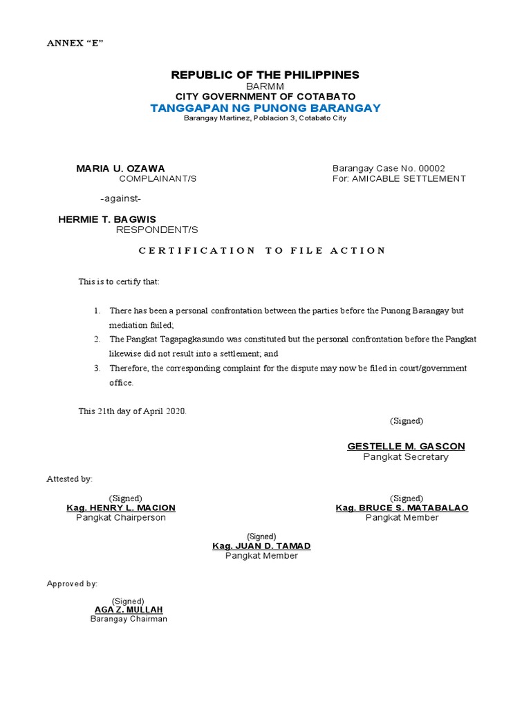 Certificate to File Action - Barangay | PDF