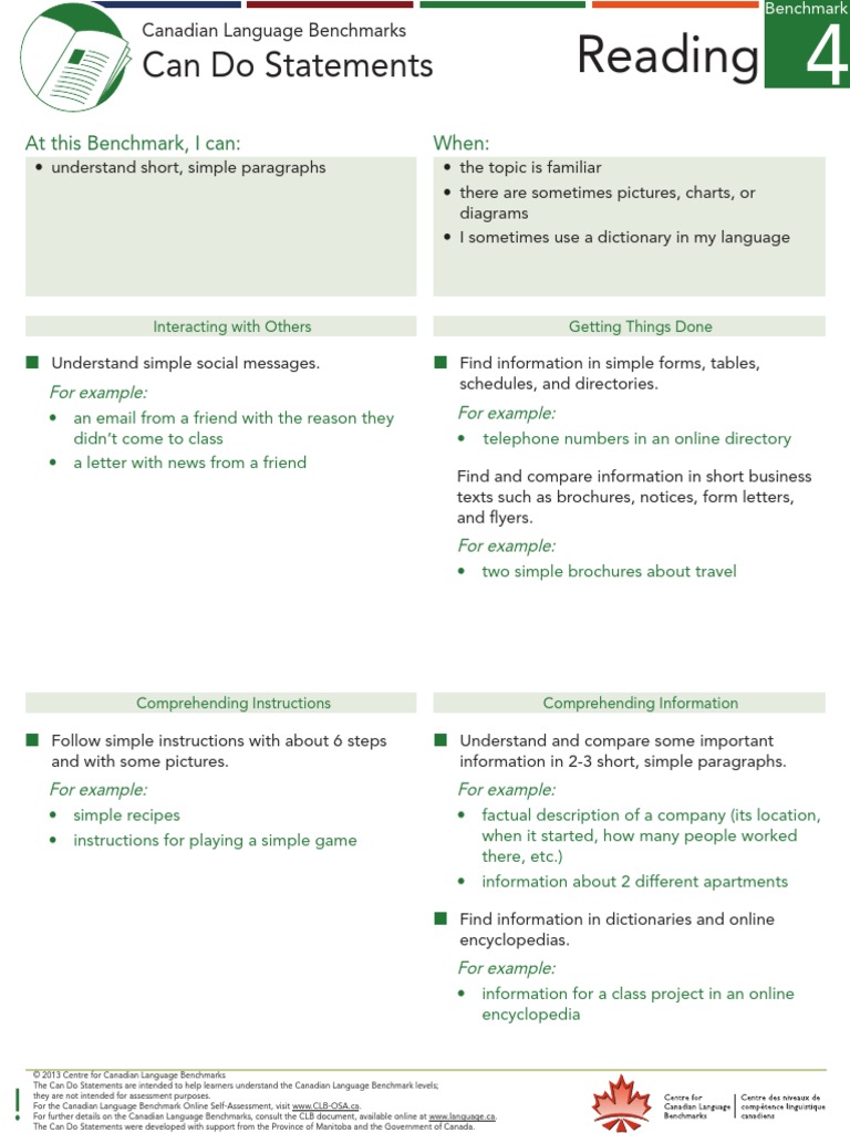 CLB - Can - Do - Statements - Level 4-Reading | PDF | Human ...