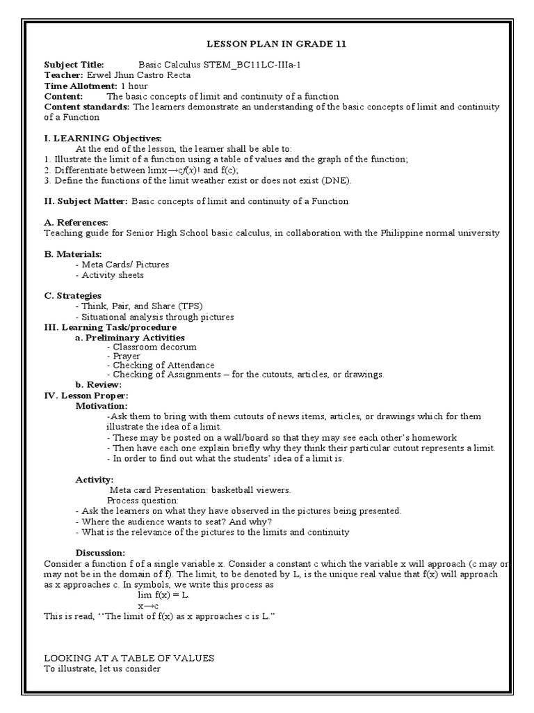 Lesson Plan For Calculus | PDF | Lesson Plan | Function (Mathematics)
