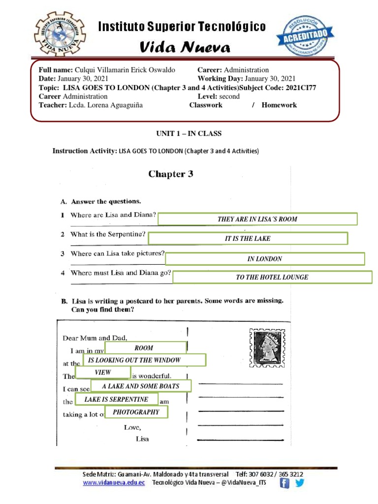 LISA GOES TO LONDON (Chapter 3 and 4 Activities) | PDF