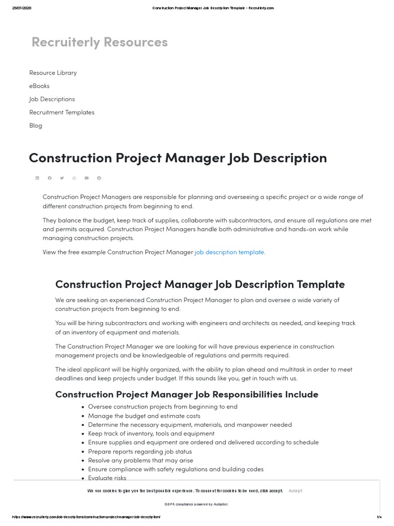 Construction Project Manager Job Description Template | PDF ...
