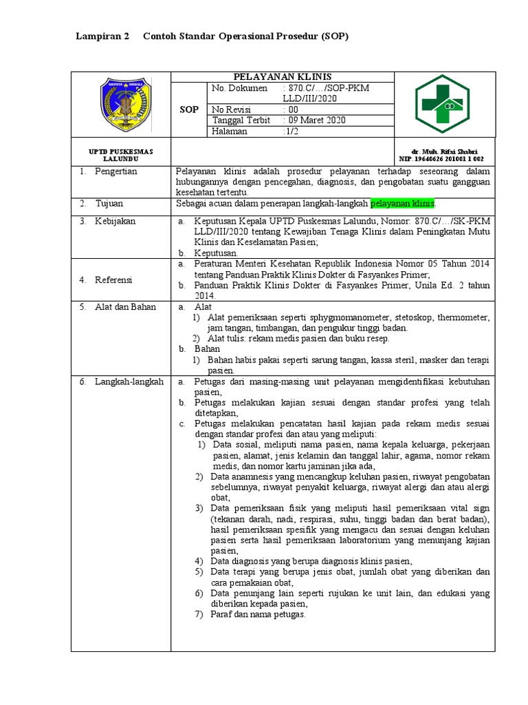 Lampiran 2. SOP Pelayanan Klinis | PDF | Kesehatan Holistik | Sains & Matematika