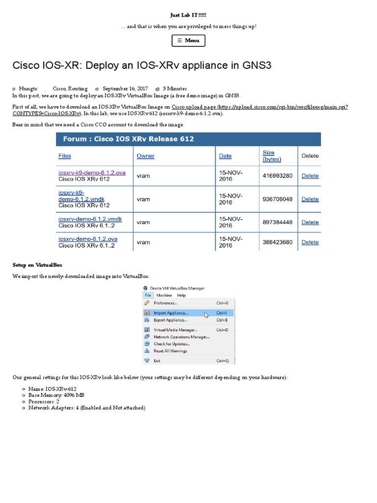 Cisco IOS-XR - Deploy An IOS-XRv Appliance in GNS3 - Just Lab IT !!!!! | PDF | Computer Mediated ...
