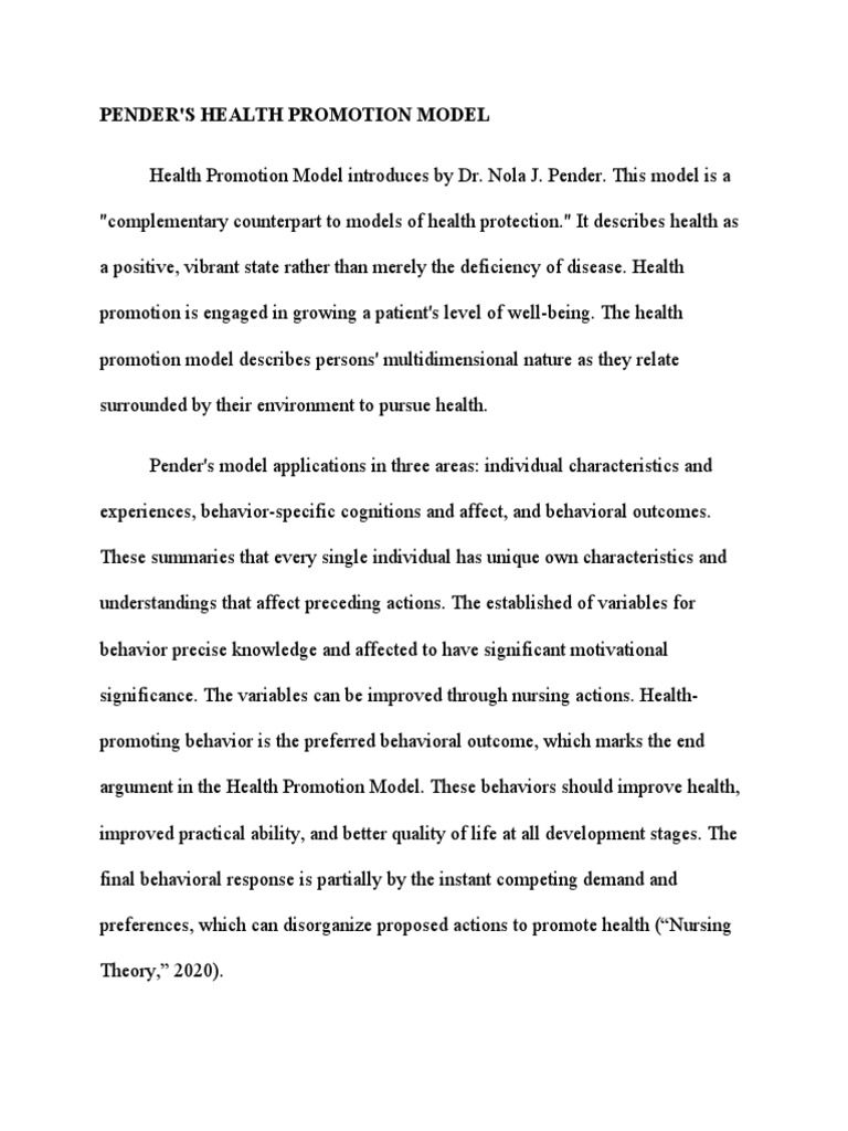 Pender'S Health Promotion Model | Download Free PDF | Health Promotion ...