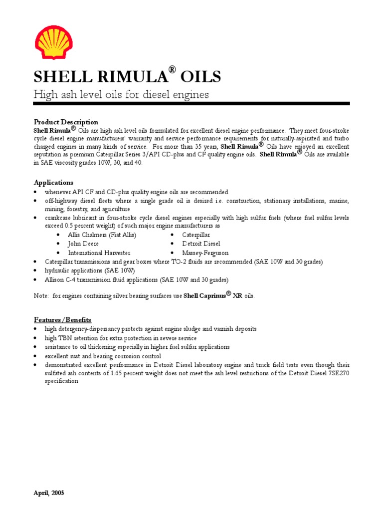 Shell Rimula Oils: High Ash Level Oils For Diesel Engines | PDF | Motor ...