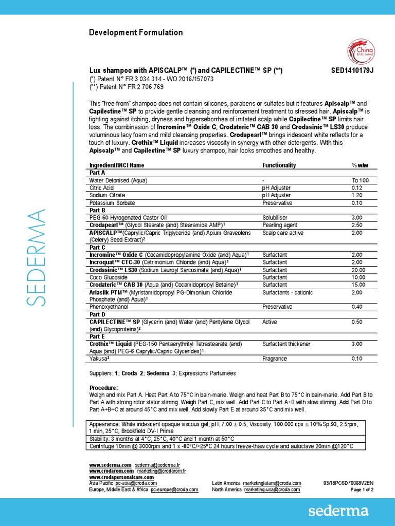 Development Formulation: Lux Shampoo With APISCALP™ ( ) and Capilectine ...