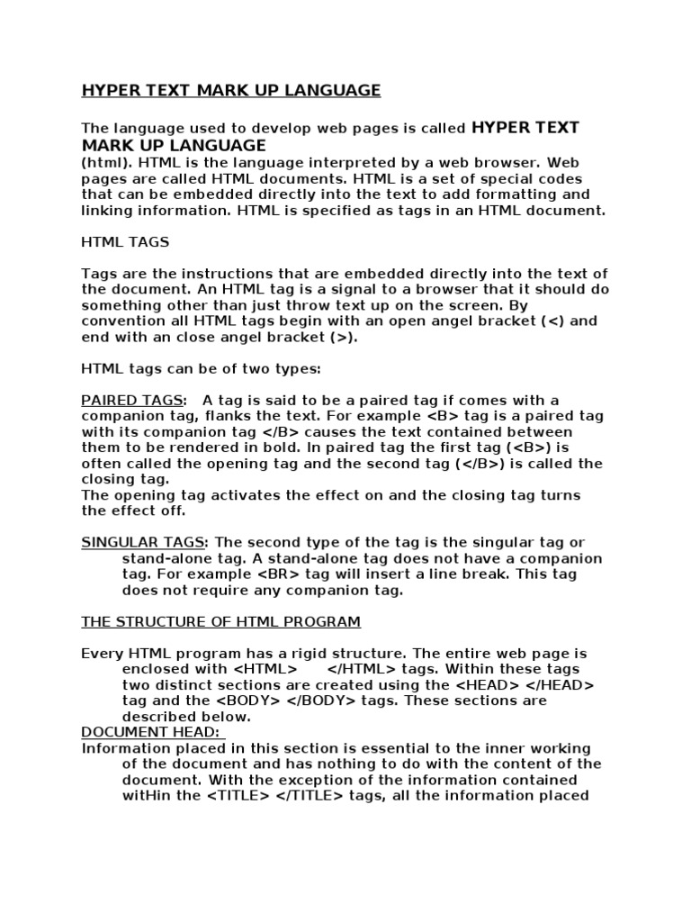 Hyper Text Mark Up Language | PDF | Html Element | Html