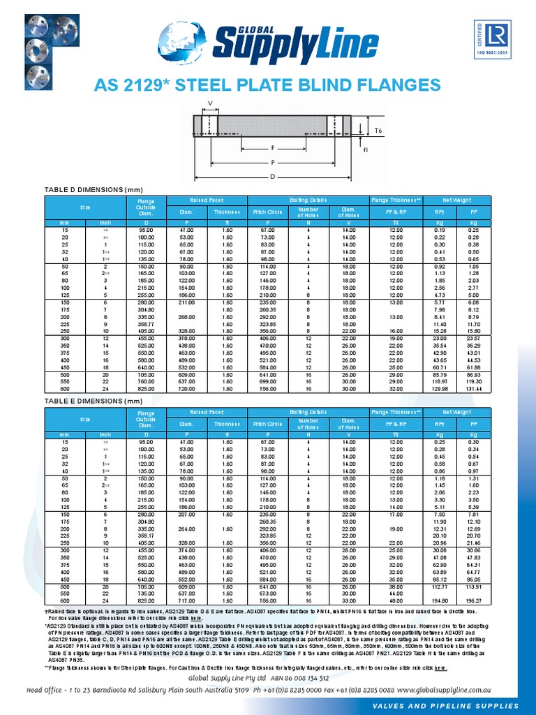 Flange AS4087 AS2129 BS Table DE | PDF | Building Engineering | Plumbing