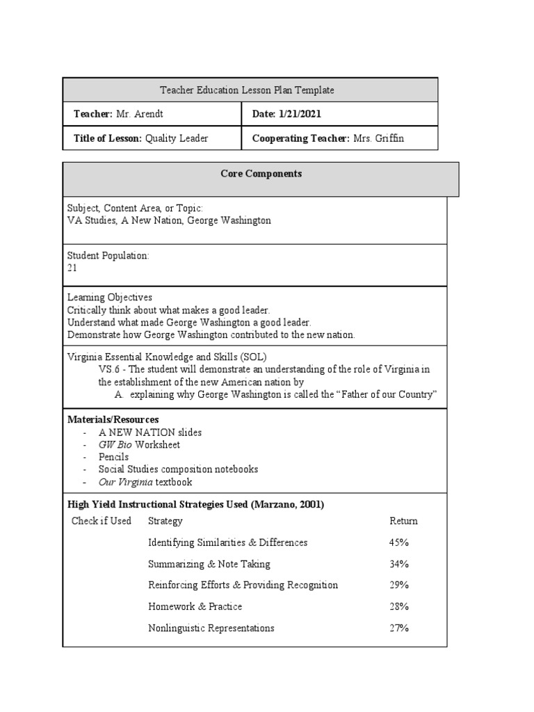 George Washington and Leadership Lesson Plan | PDF | Lesson Plan ...
