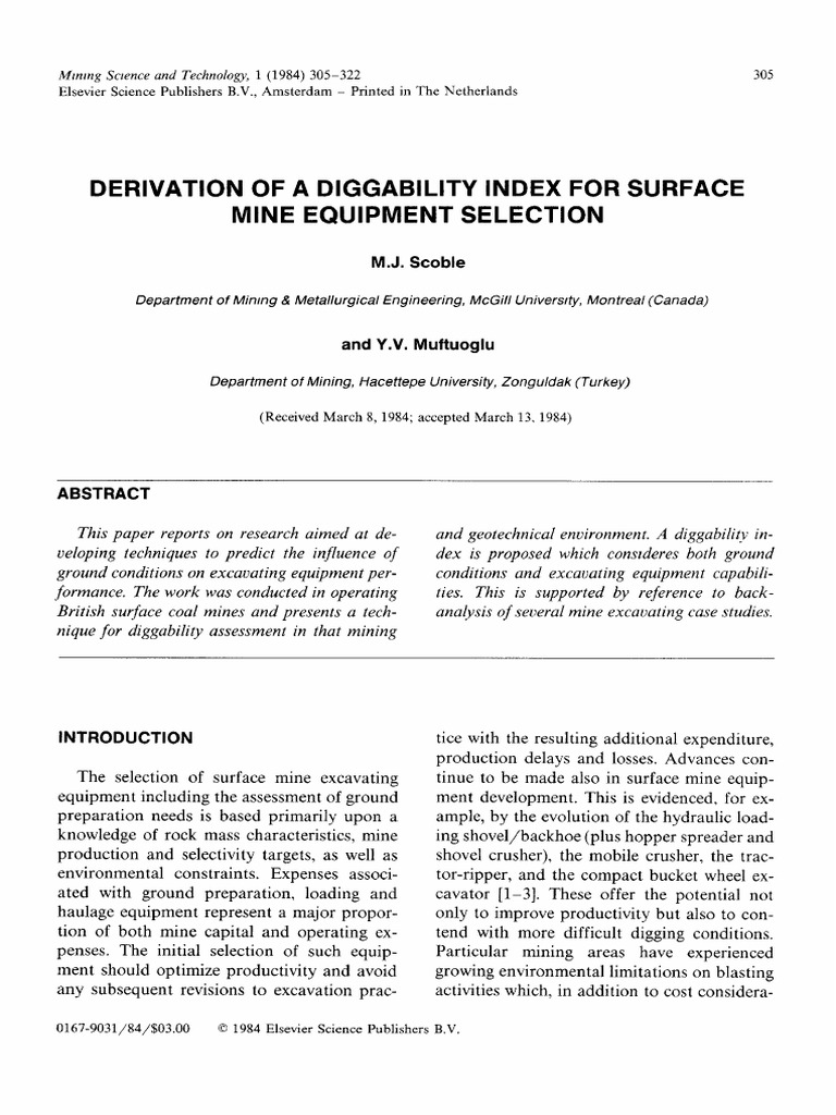 D E R I V A T I O N of A Diggability Index For Surface Mine Equipment ...
