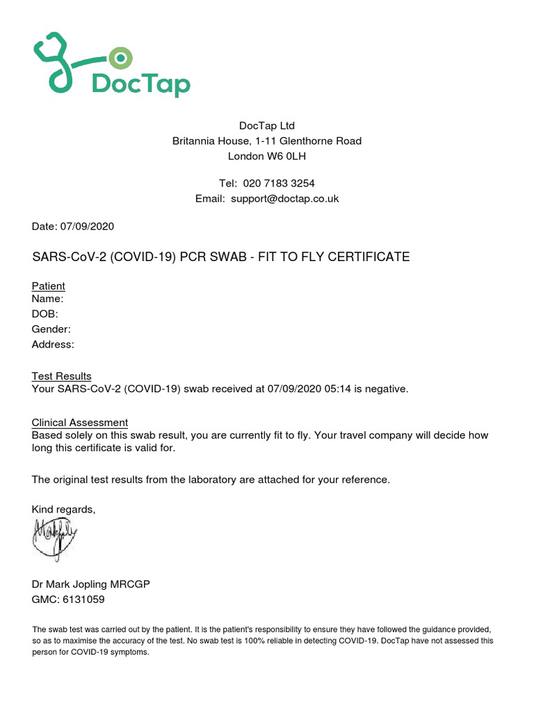 Fit to Fly COVID-19 Certificate | PDF