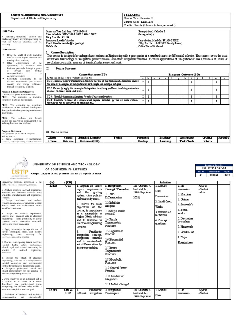 Math112a Calculus 2 Syllabus | PDF | Integral | Engineering