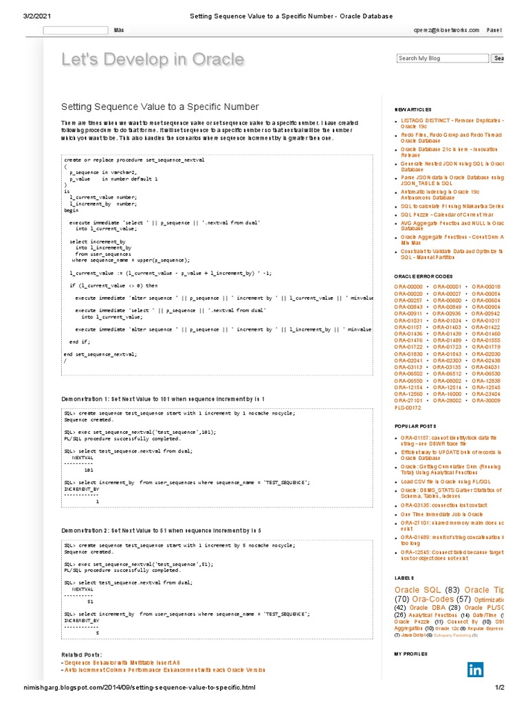 Setting Sequence Value To A Specific Number Oracle Database Pdf Plsql Sql 
