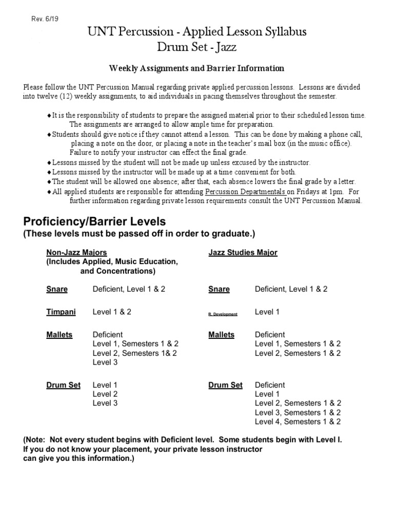 UNT Percussion - Applied Lesson Syllabus Drum Set - Jazz: Proficiency ...