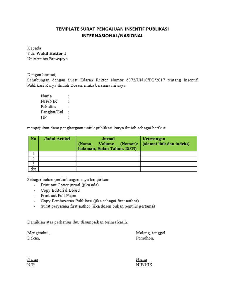 Contoh Surat Pengajuan Insentif Publikasi | PDF