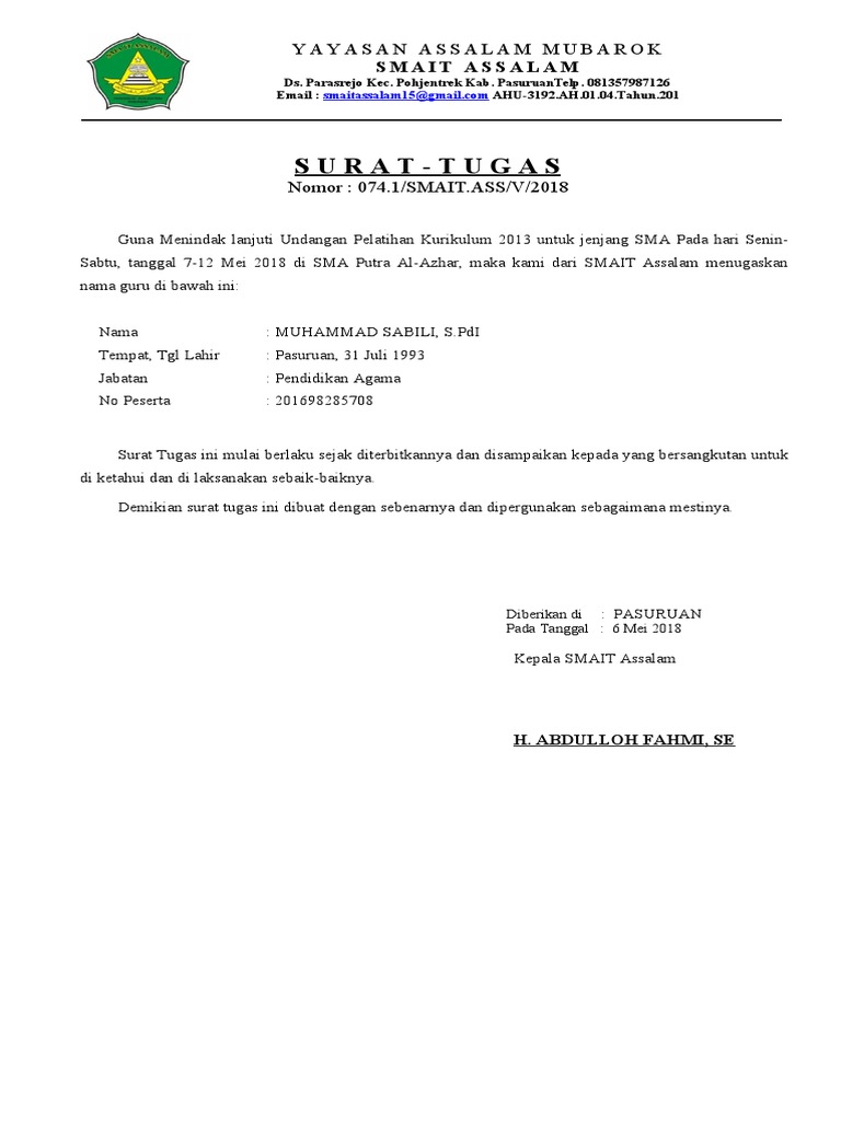 Contoh Surat Tugas Pelatihan MGMP BTQ | PDF