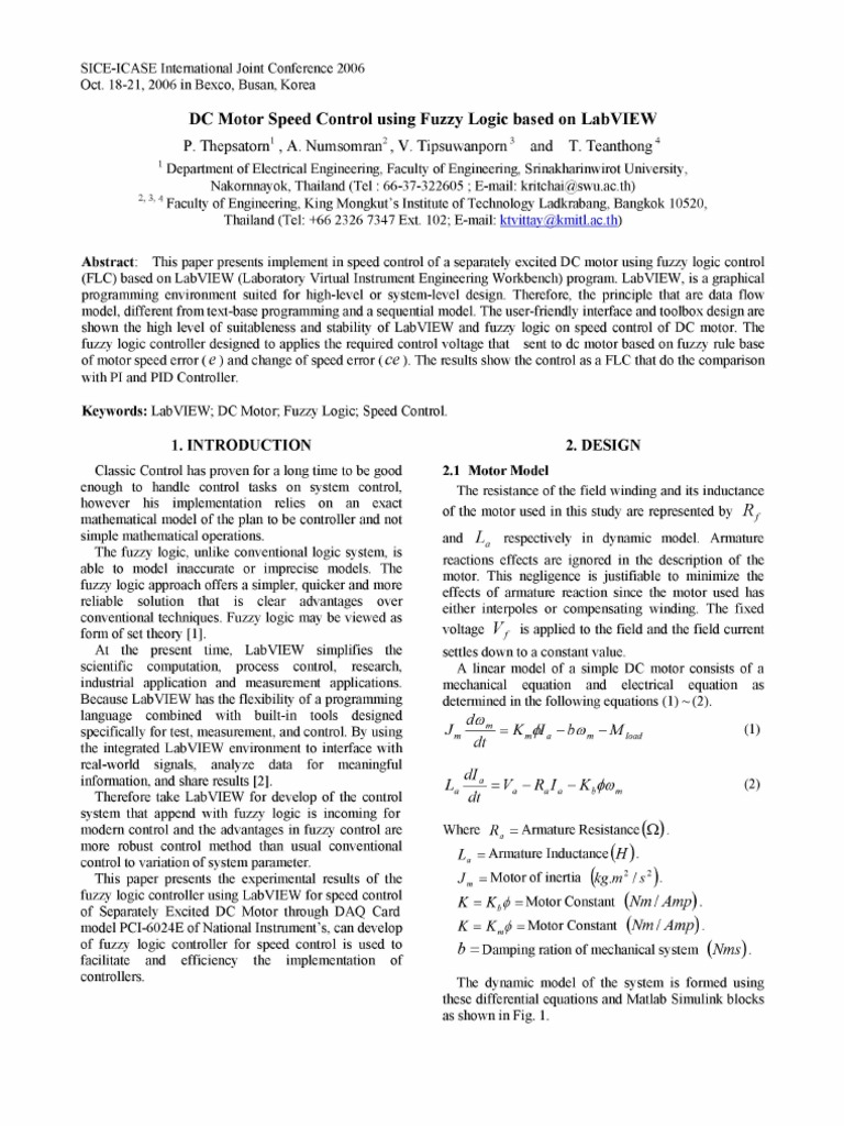 Dc Motor Speed Control Using Fuzzy Logic Based On Labview Pdf Fuzzy Logic Mathematical Model