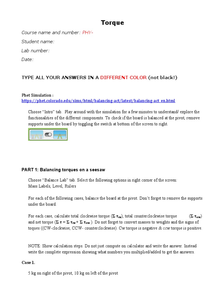 Torque: Course Name and Number: Student Name: Lab Number: Date | PDF ...