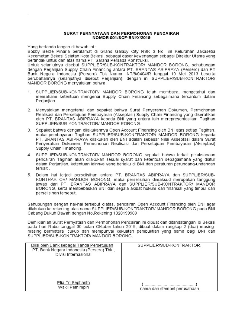 Formulir Pengajuan SCF BNI | PDF