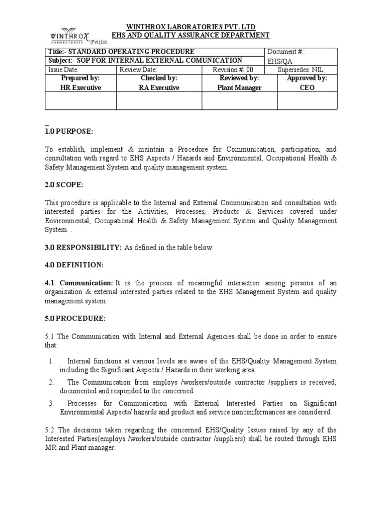 Communication SOP | PDF | Quality Assurance | Occupational Safety And ...