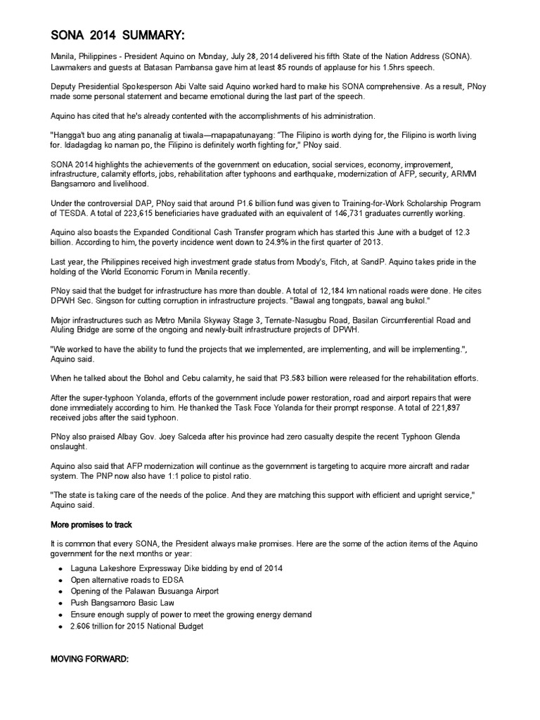 Sona Summary Handouts | PDF | Benigno Aquino Iii | Philippines
