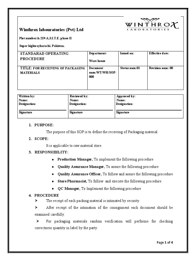 SOP for Receiving Packaging Materials | PDF | Packaging And Labeling ...