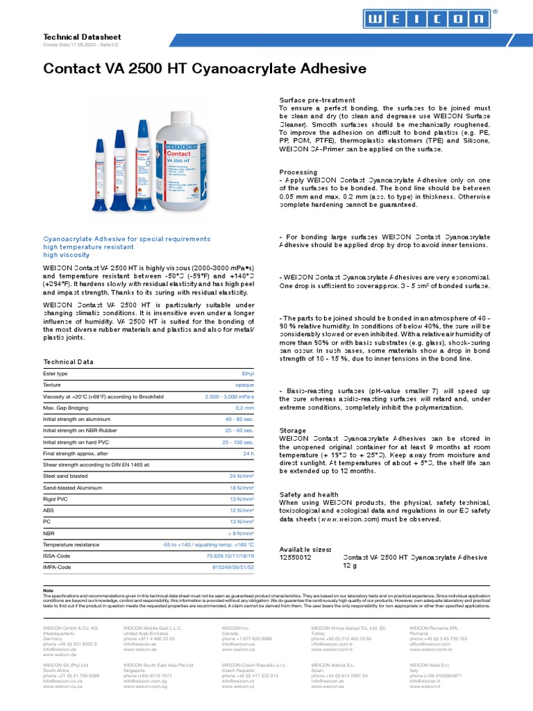 TDS 12550030 en Contact VA 2500 HT Cyanoacrylate Adhesive | PDF | Adhesive | Elastomer