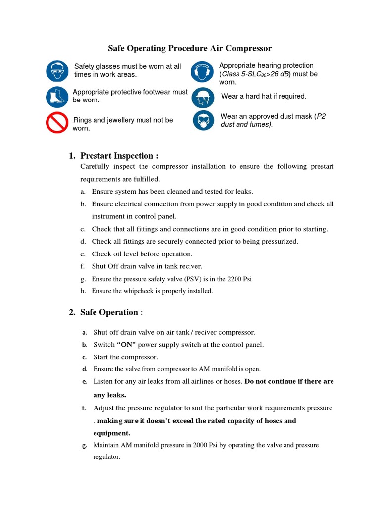 Safe Operating Procedure Air Compressor | PDF